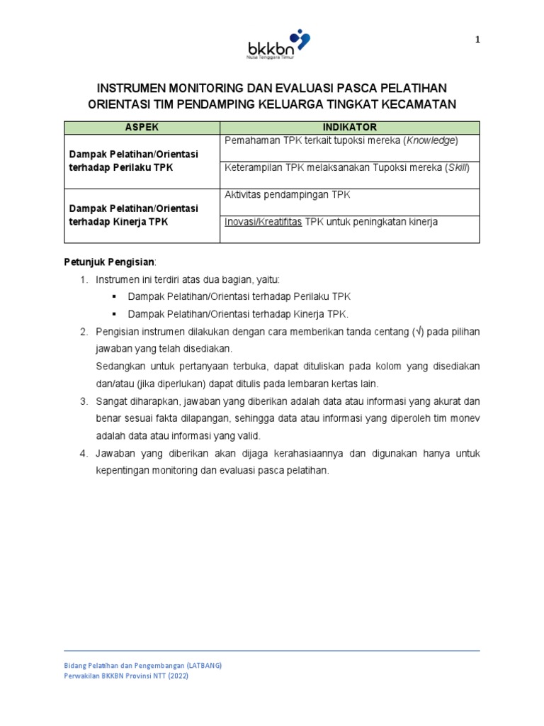 Instrumen Monev Pasca Pelatihan Tim Pendamping Keluarga (TPK) | PDF