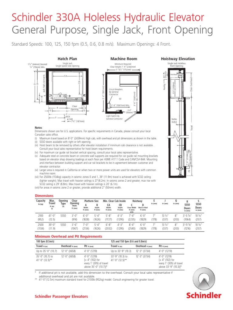 General Purpose, Single Jack, Front Opening: Schindler 330A Holeless Hydraulic Elevator | PDF ...