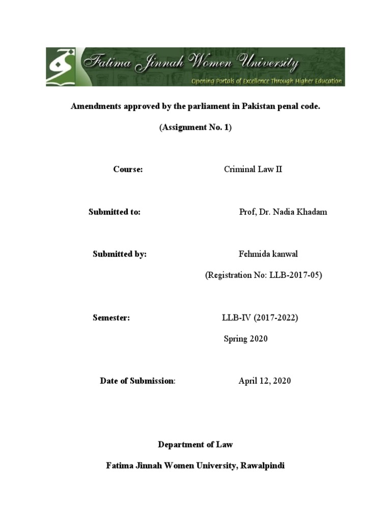 Pakistan .Penal Code Assignment | PDF | Crime & Violence | Crimes