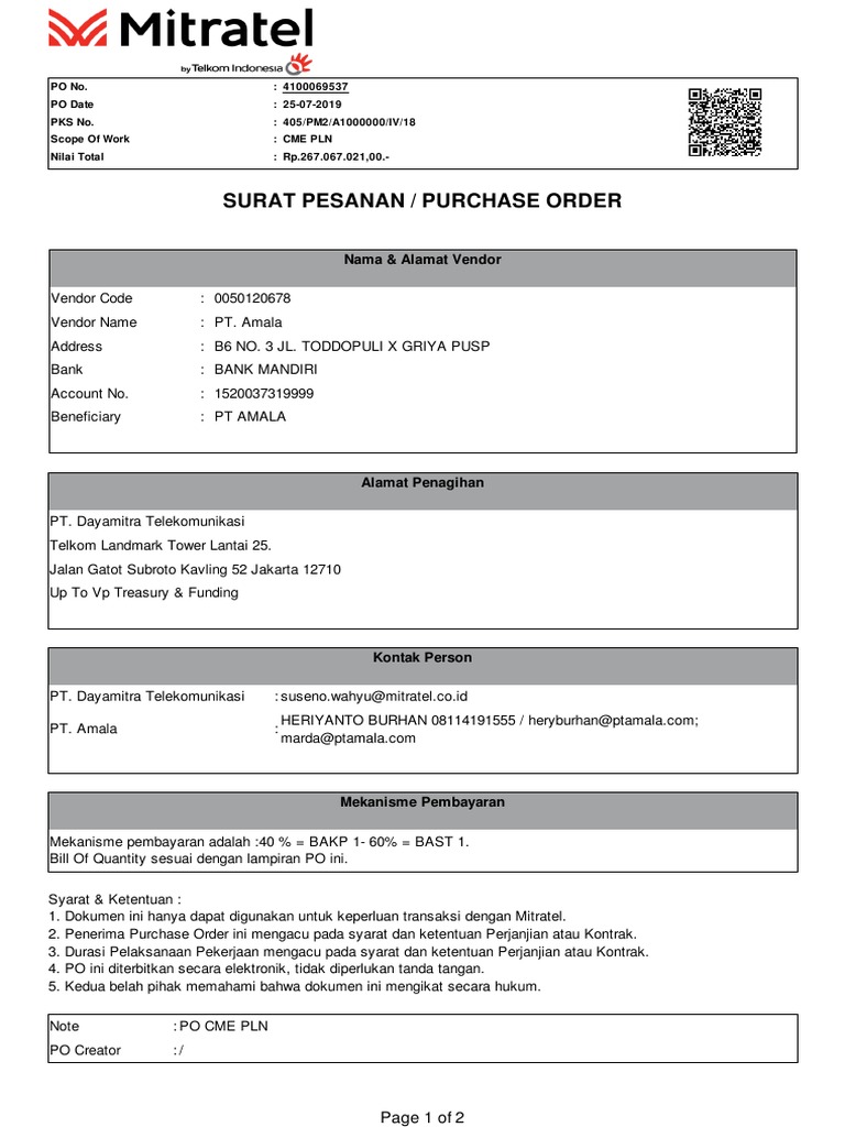 Surat Pesanan / Purchase Order: Nama & Alamat Vendor | PDF | Bisnis ...