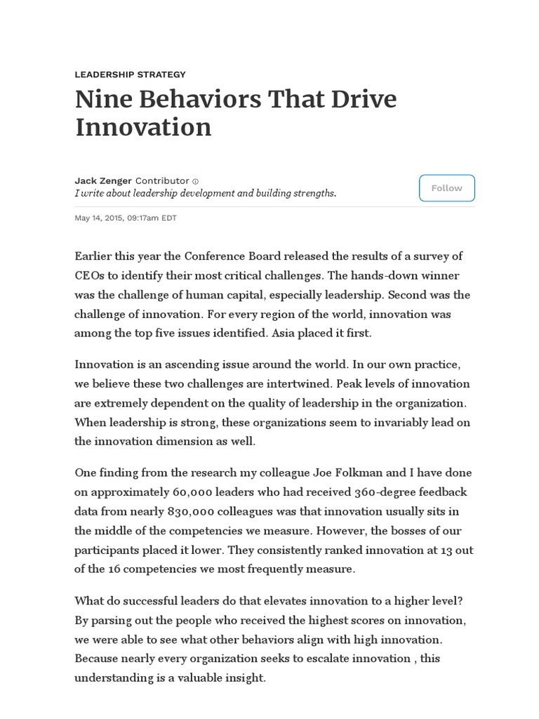 Nine Leadership Behaviors that Drive Innovation | PDF | Leadership ...