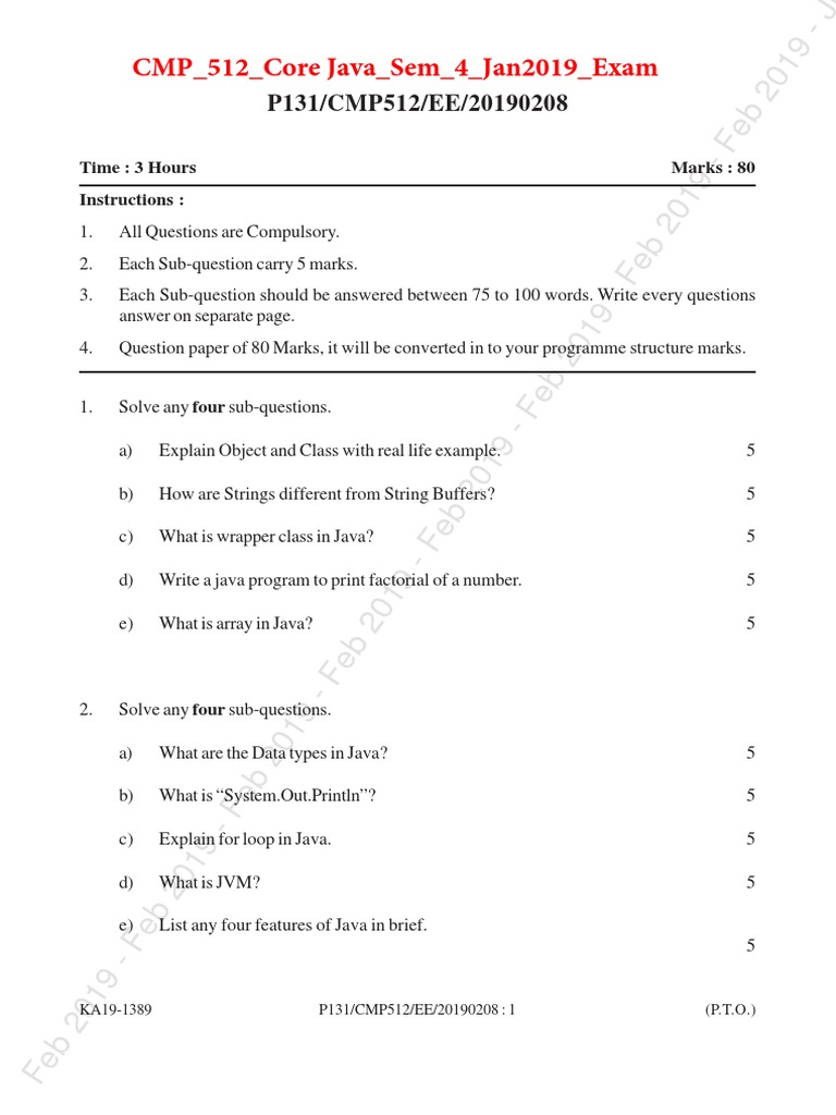 Core Java Sem 4 Jan2019 Exam Pdf Java Programming Language Java Virtual Machine