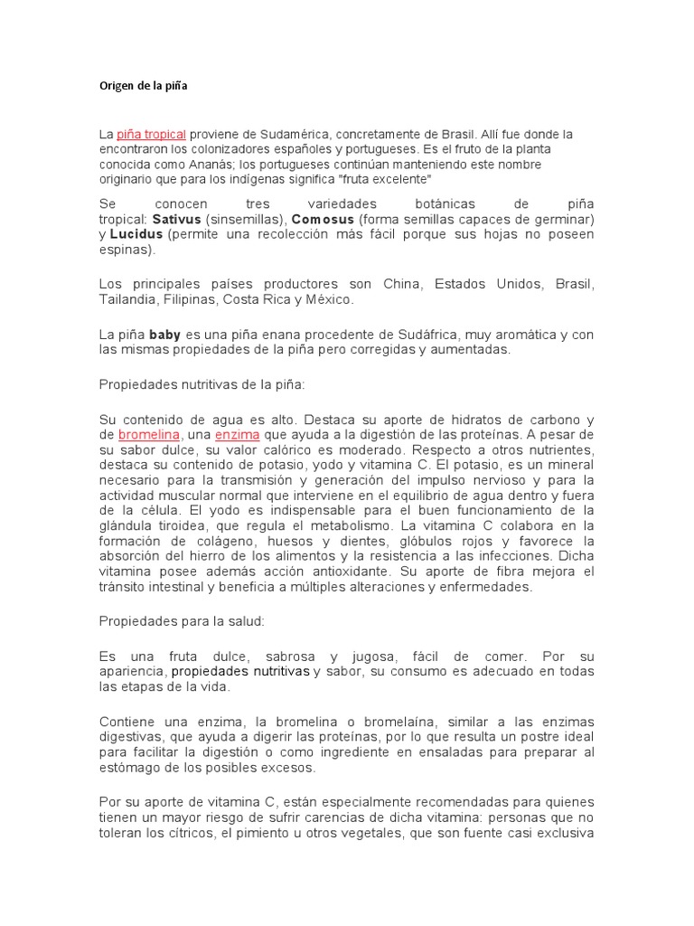 Origen y Prop de La Piña | PDF | Piña | Nutrición