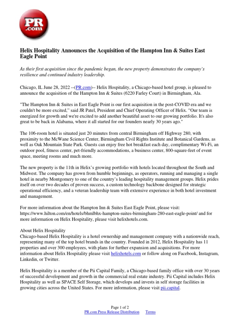Helix Hospitality Announces The Acquisition of The Hampton Inn & Suites ...
