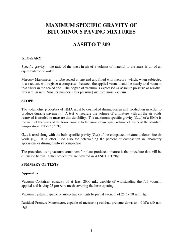 Maximum Specific Gravity Of Bituminous Paving Mixtures Aashto T 209
