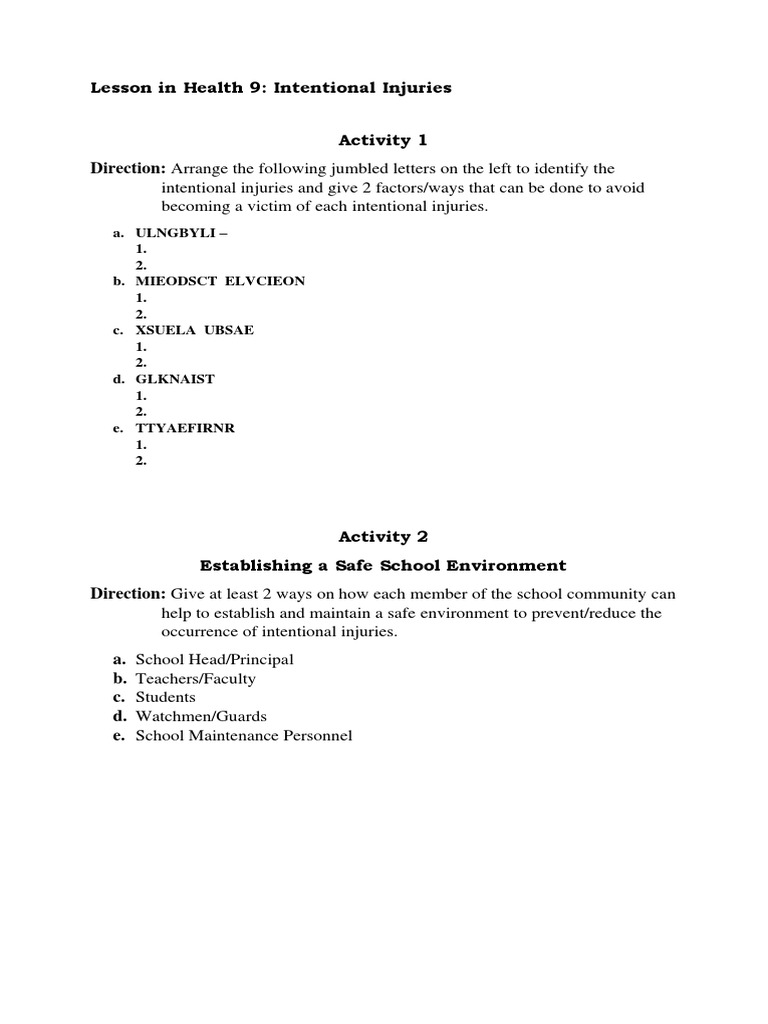 Intentional Injuries Activity | PDF