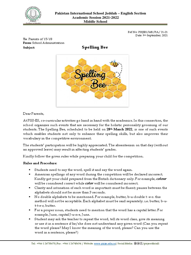 MS Y7 Spelling Bee Memo & List 21 22 | PDF