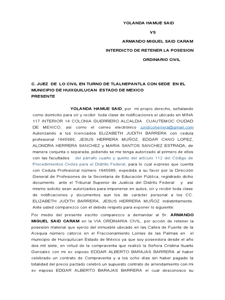 Ejemplo Juicio Interdicto | PDF | Demanda judicial | Res Judicata