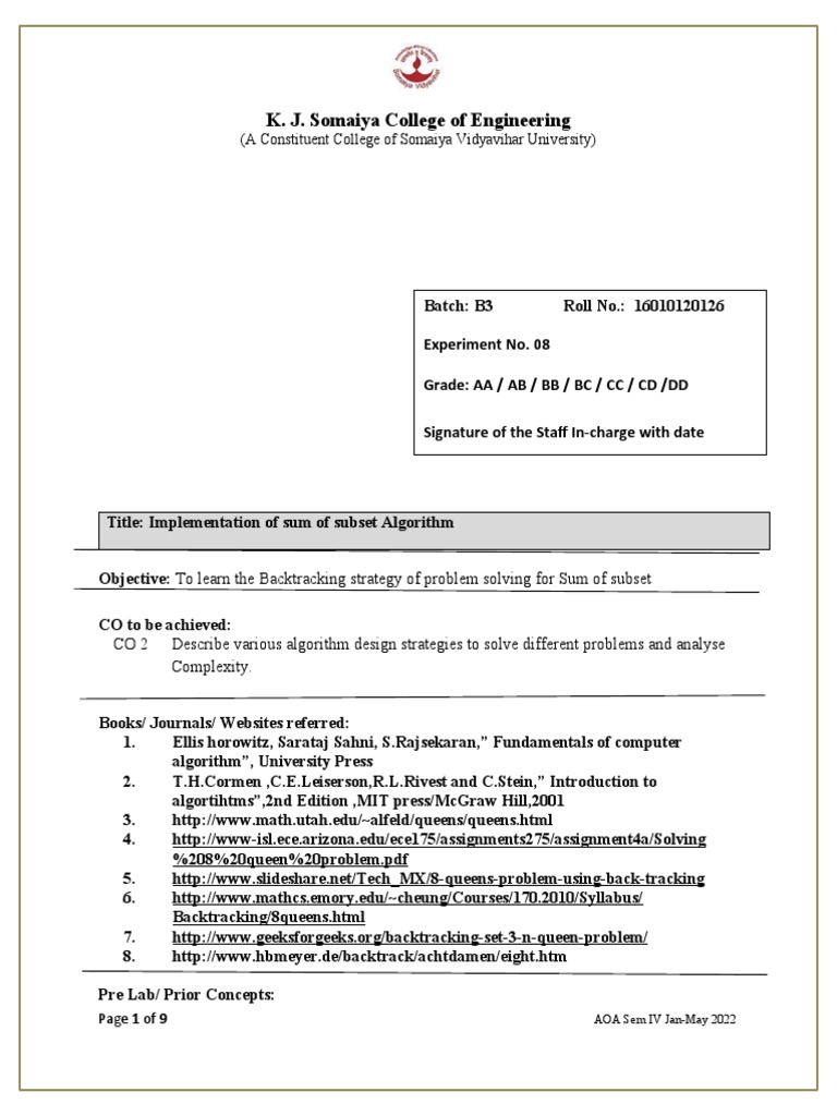 Backtracking for Subset Sum | PDF | Summation | Algorithms And Data Structures