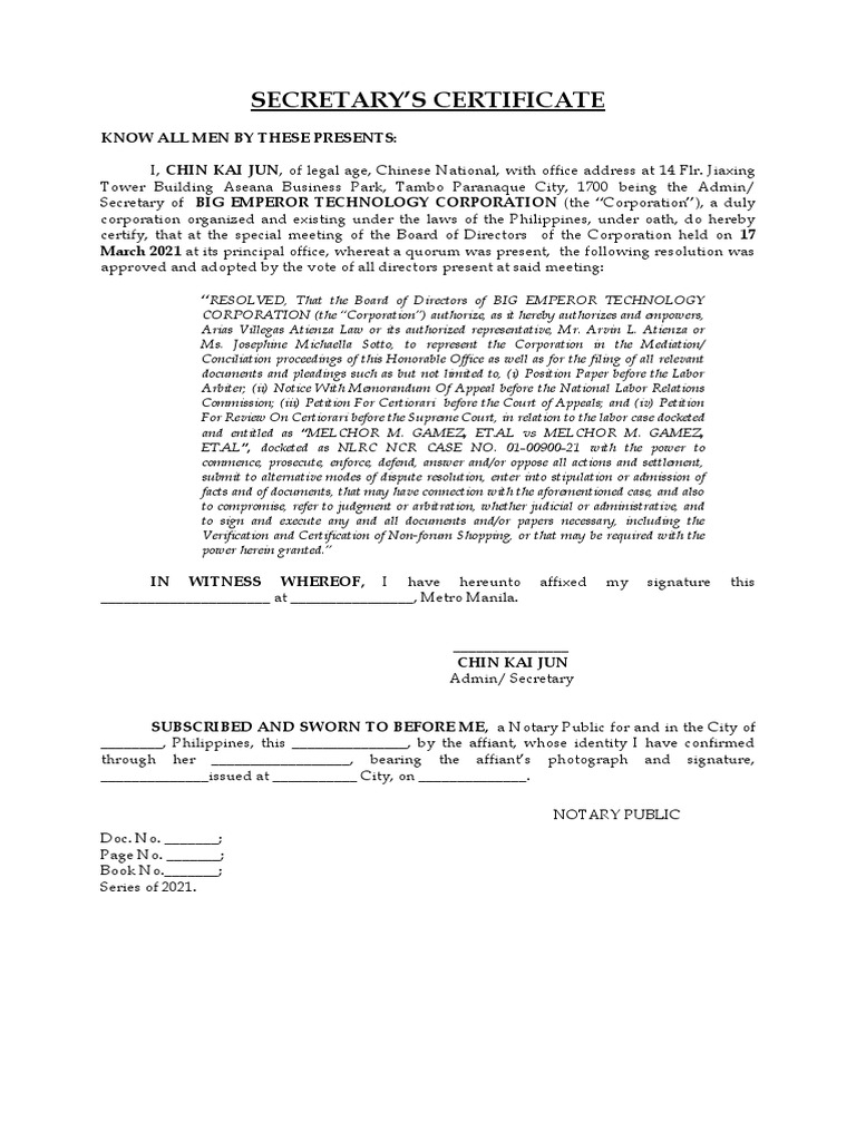 SECRETARY CERTIFICATE - Big Emperor | PDF | Notary Public | Arbitration