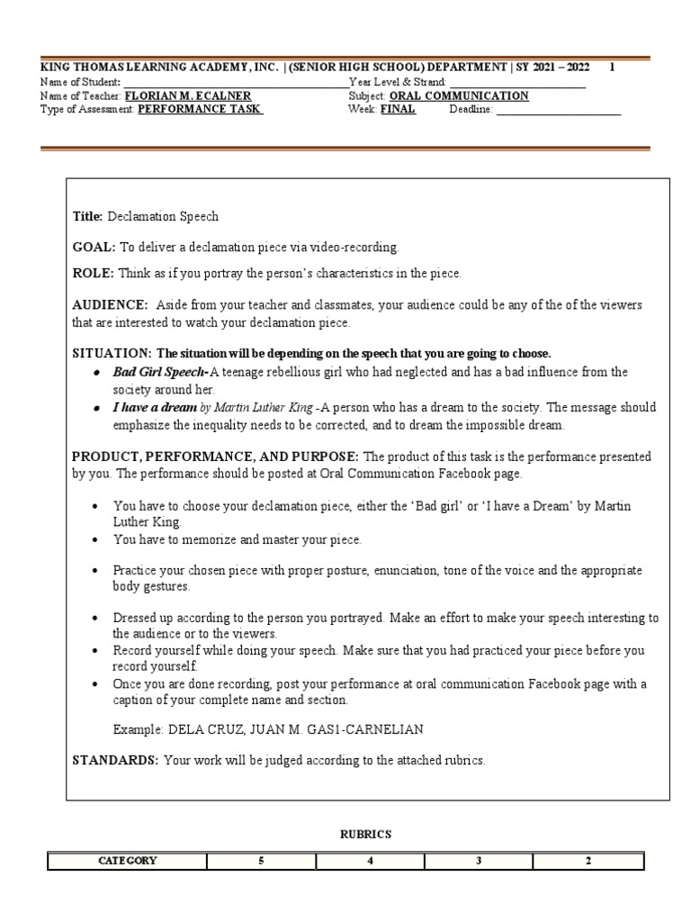 Declamation Speech Performance Task Guide | PDF | Body Language | Gesture