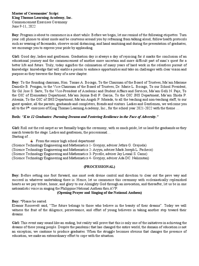 Graduation - Emcee Script (2022) | PDF