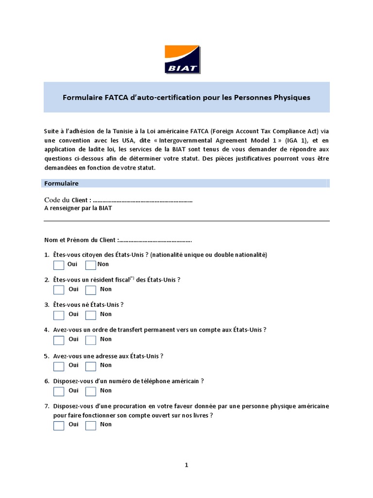 Formulaire d'Auto-Certification FATCA | PDF | Banques