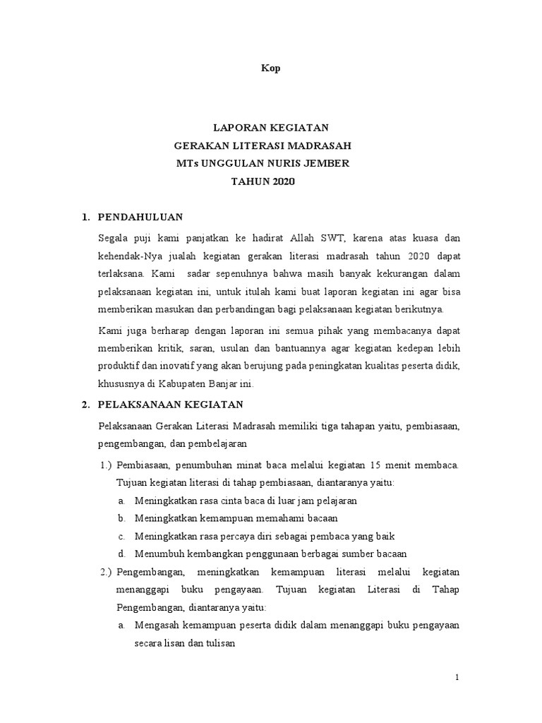Laporan Kegiatan Literasi Madrasah 2020 | PDF | Ilmu Sosial | Seni