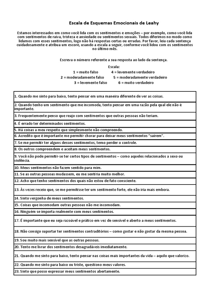 Escala de Esquemas Emocionais de Leahy | PDF | Sentimento | Emoções