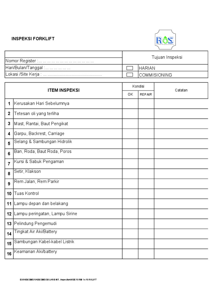 FORM INSPEKSI Forklift | PDF