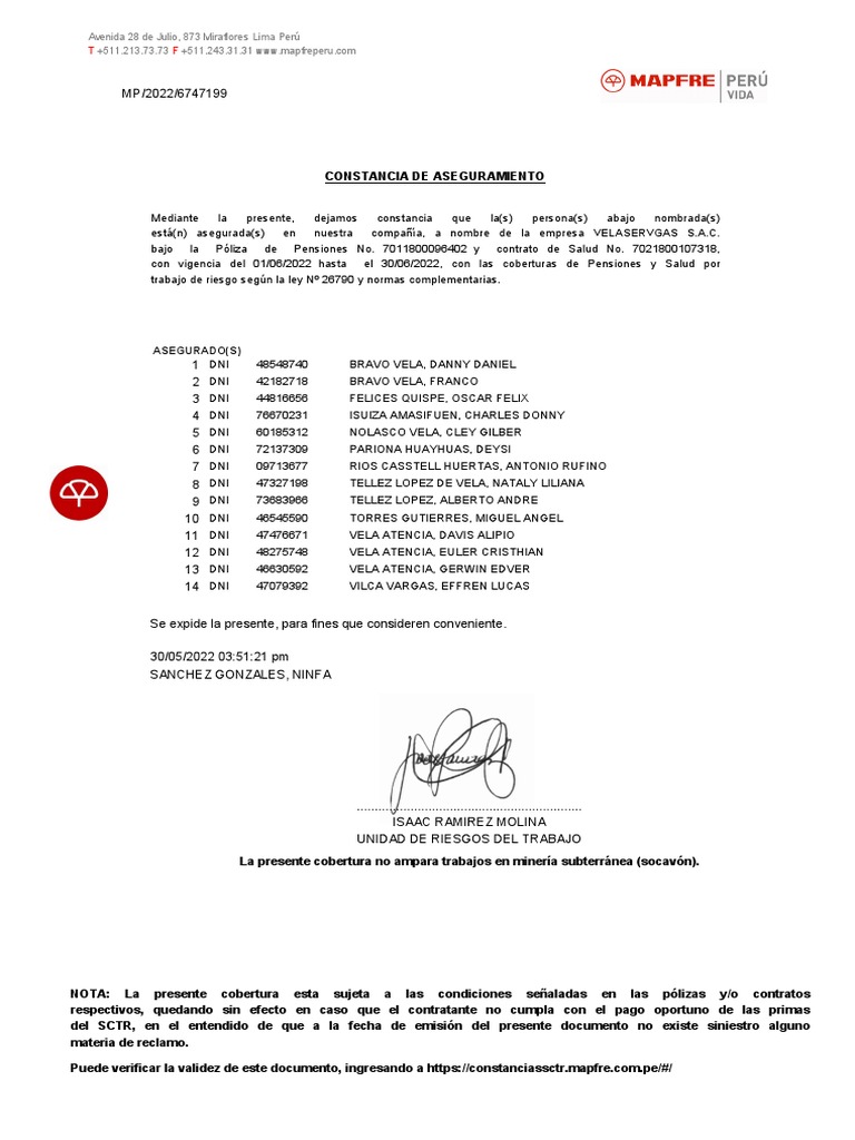 Constancia SCTR Velaservgas Sac Junio 2022 PDF | PDF