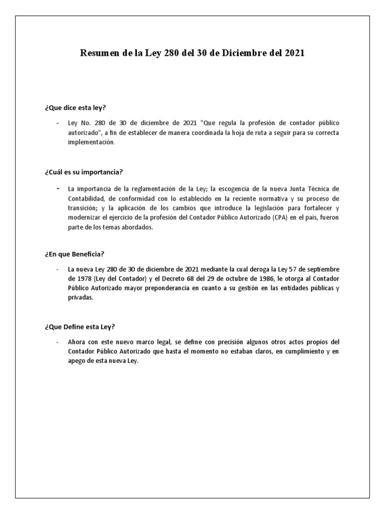 Resumen de La Ley 280 Del 30 de Diciembre Del 2021 | PDF