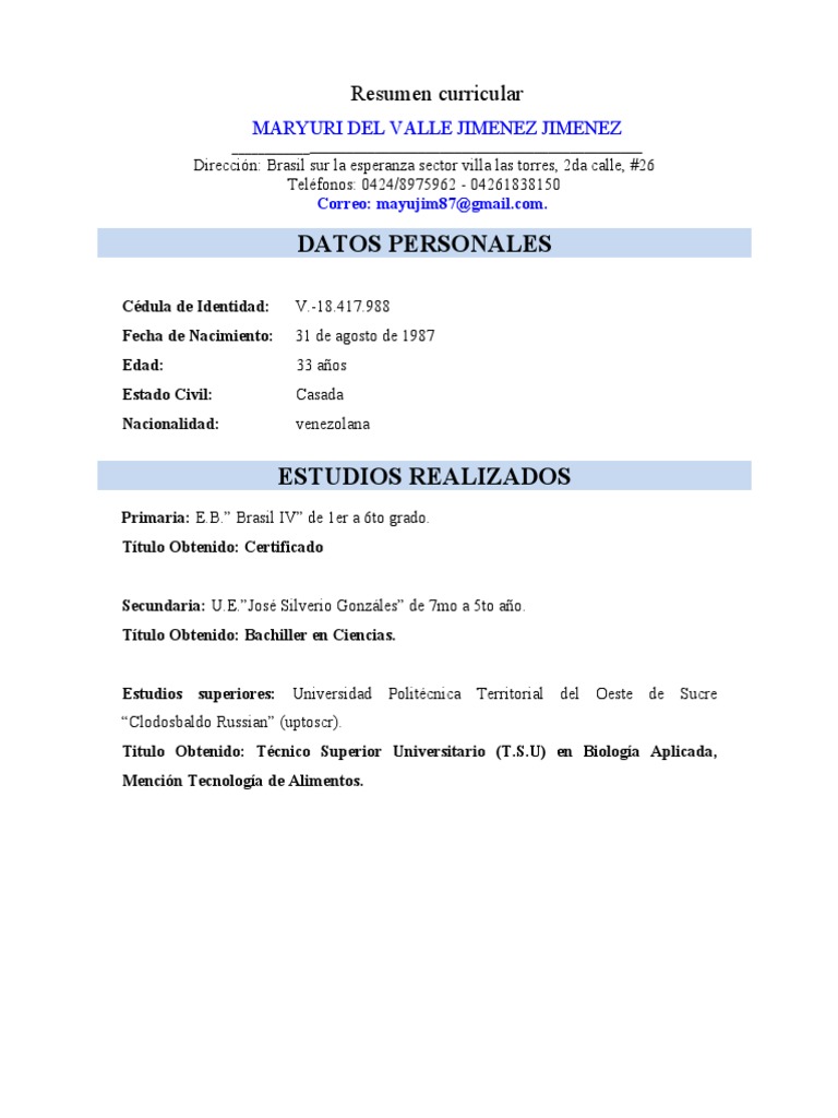 Currículum de Maryuri Jiménez | PDF