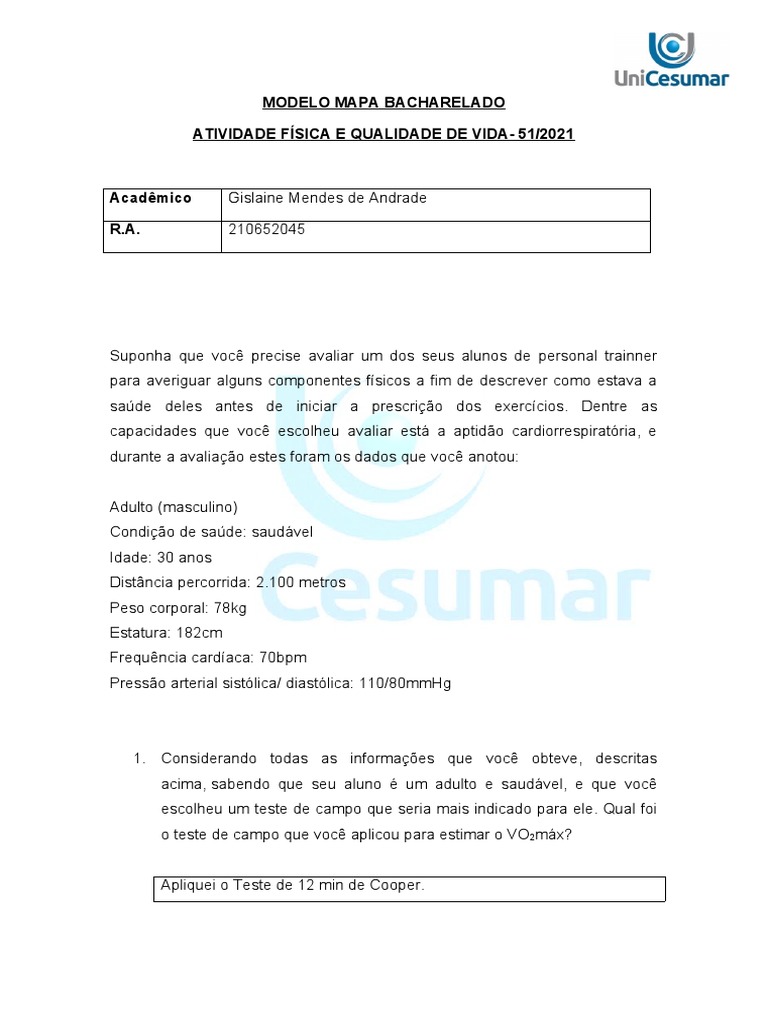 Atividade Mapa (Atv e Qualiddae de Vida) | PDF | Sexo | Frequência cardíaca
