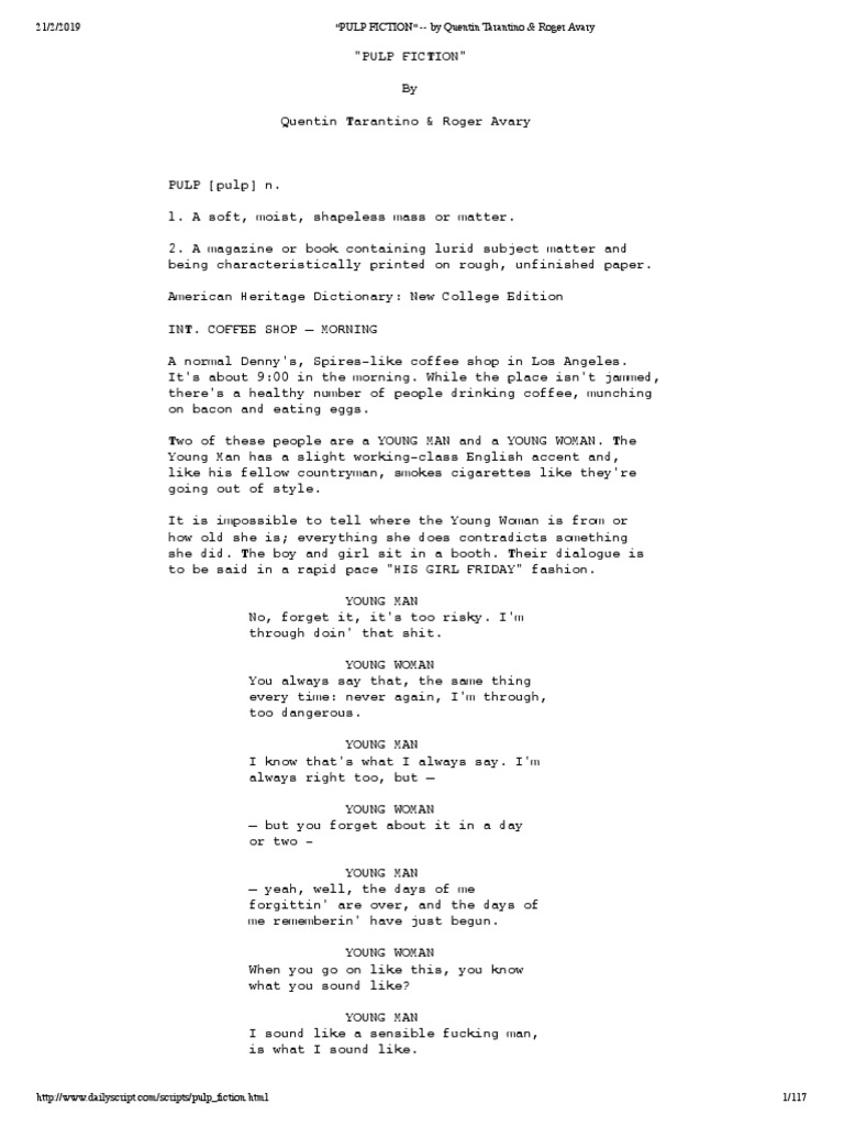 Pulp Fiction Script By Quentin Tarantino And Roger Avary Pdf Pulp Fiction 