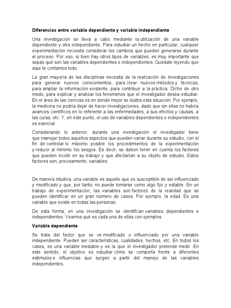 Diferencias Entre Variable Dependiente y Variable Independiente | PDF ...