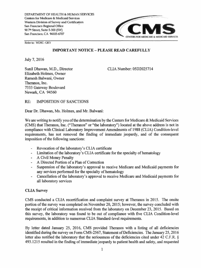 CMS Letter To Theranos | PDF | Educational Assessment | Quality Assurance