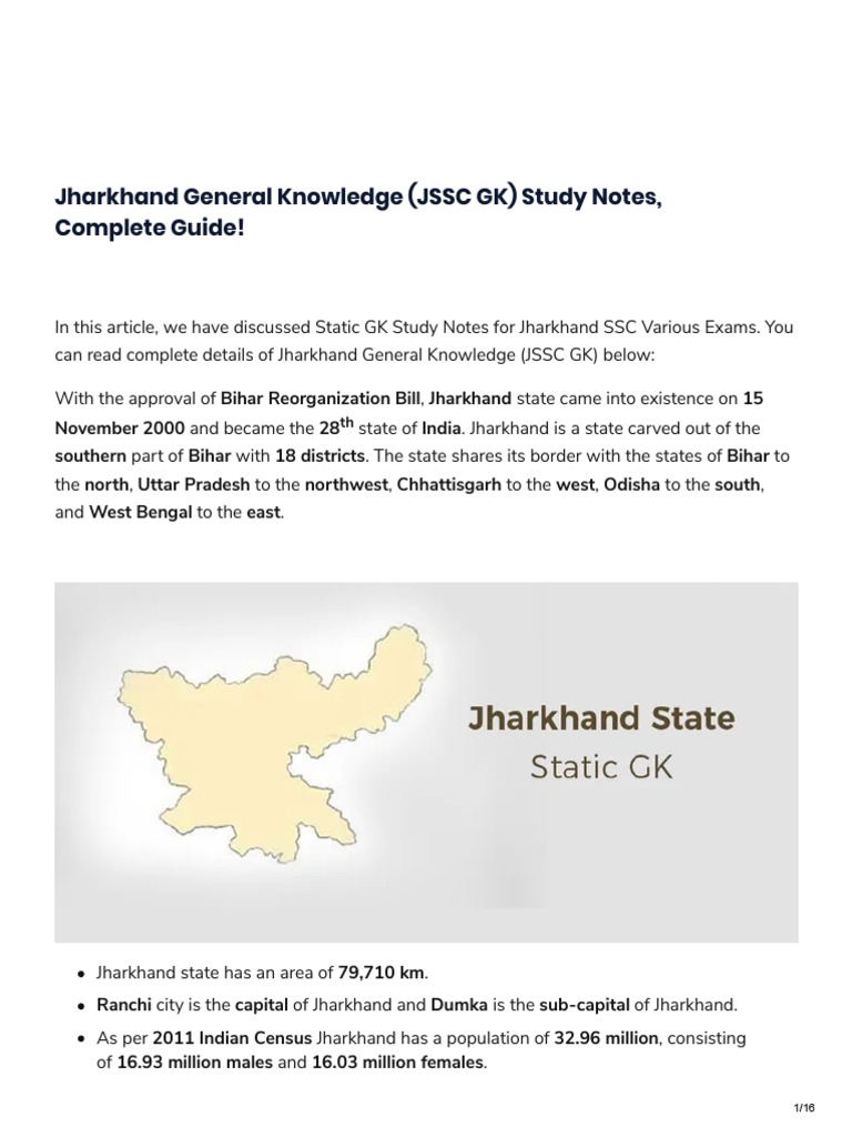 Jharkhand General Knowledge (JSSC GK) Study Notes, Complete Guide ...