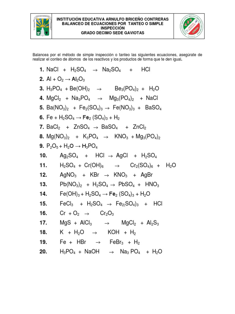 Taller de Balanceo de Ecuaciones Por Tanteo o Simple Inspeccion Grado ...