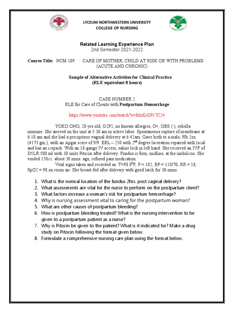 College of Nursing Related Learning Experience Plan Course Title: NCM ...