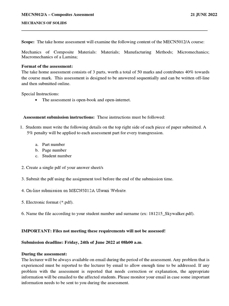 Composites Assessment MECN5012/A Guide | PDF | Young's Modulus ...