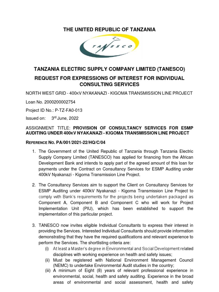 Expression of Interest Advert - Pa 001 2021 22 HQ C 04 | PDF | Tanzania ...