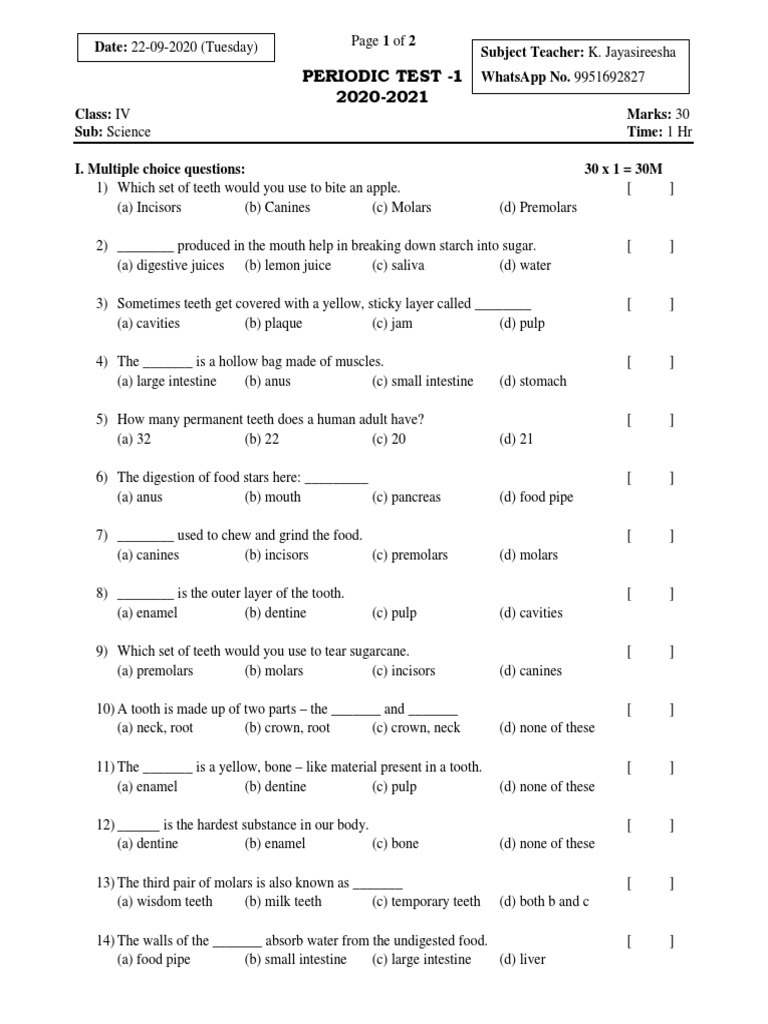 Periodic Test - 1 2020-2021: Date: 22-09-2020 (Tuesday) Subject Teacher ...