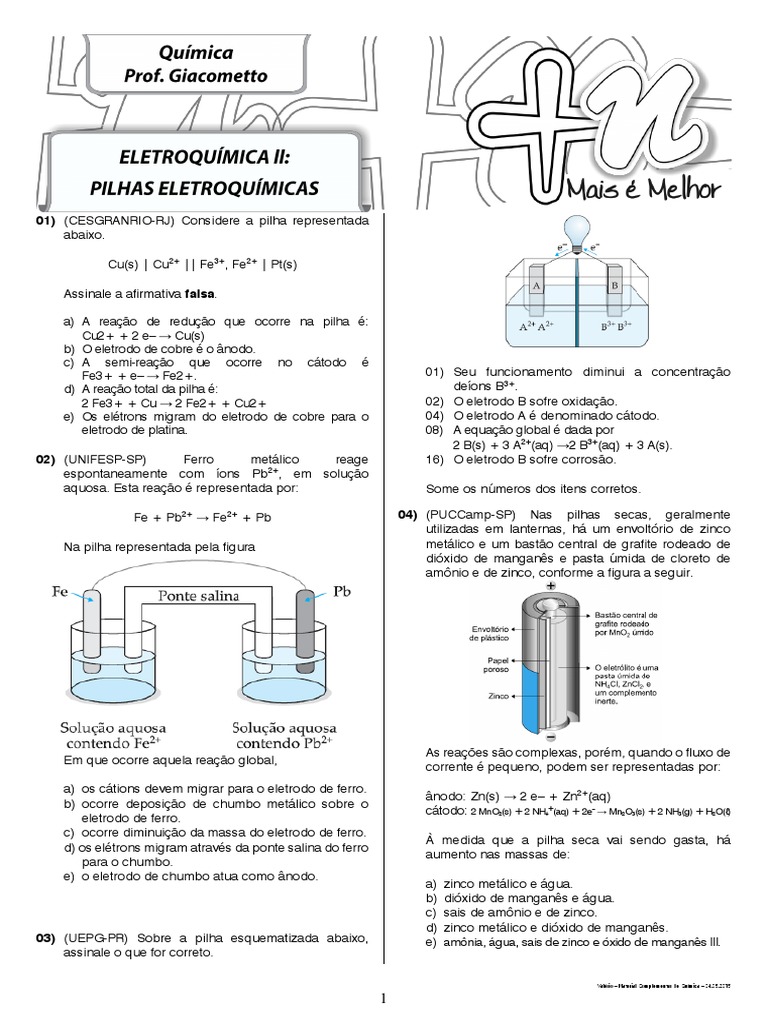 Análise de pilhas eletroquímicas: reações químicas, eletrodos e ...