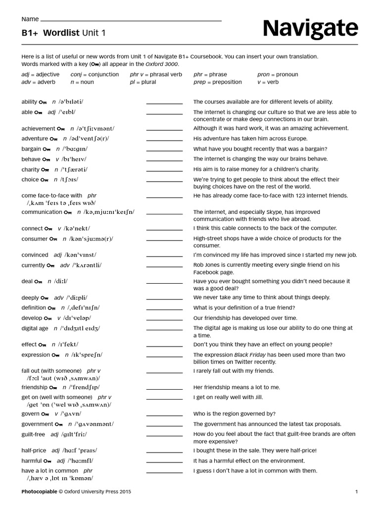 Navigate Intermediate Wordlist Unit 1 | PDF | Verb | Adverb