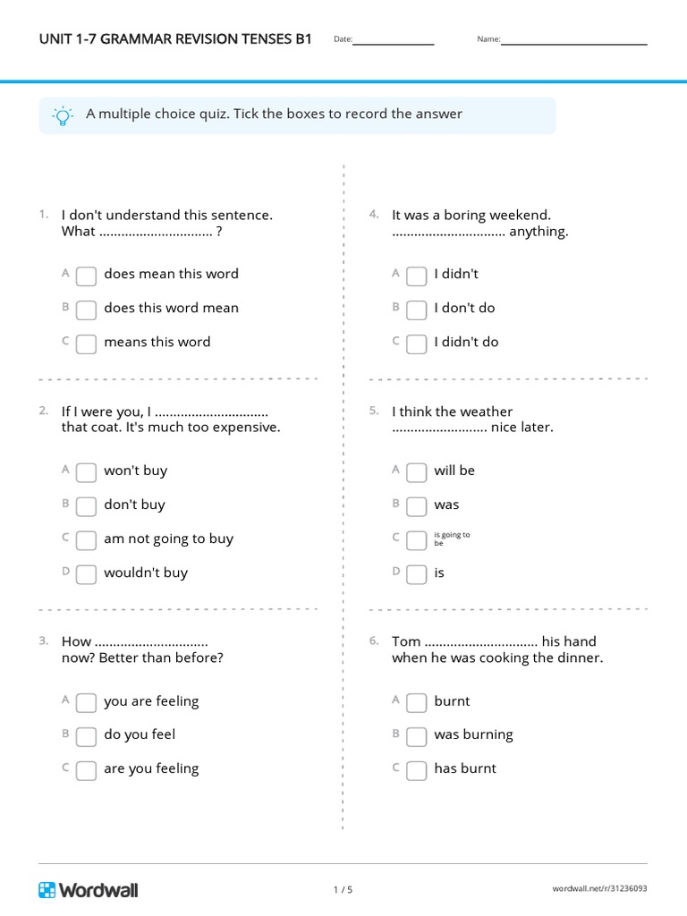 Unit 1 7 Grammar Revision Tenses b1 Quiz | PDF