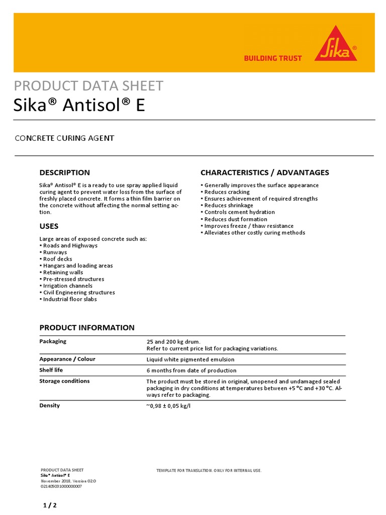 Sika® Antisol® E: Product Data Sheet | PDF | Concrete | Materials