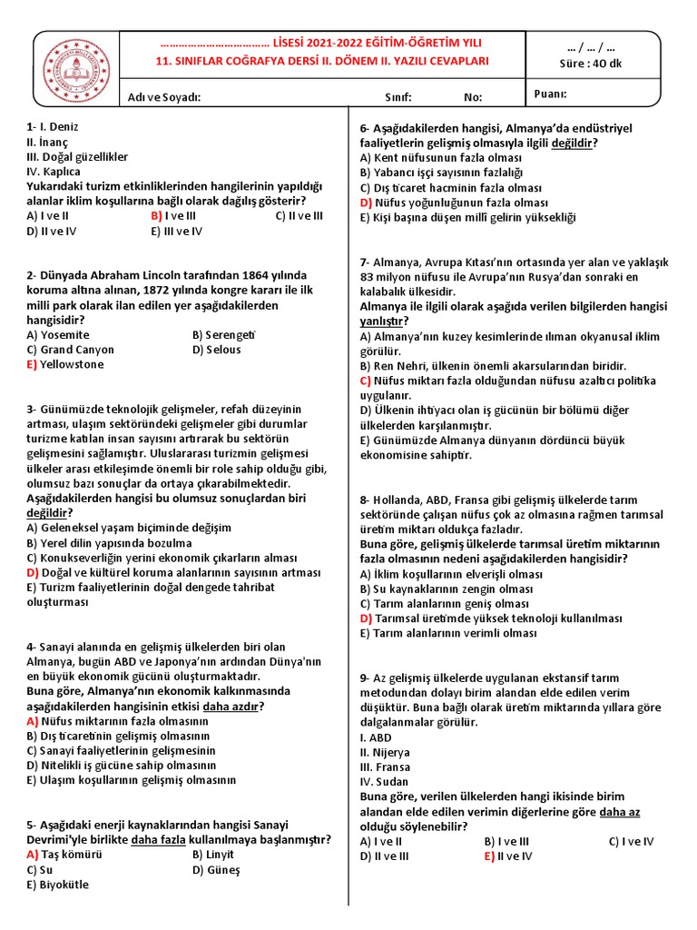 11 Sinif 2 Donem 2 Yazili Cevap Anahtari 2022 | PDF