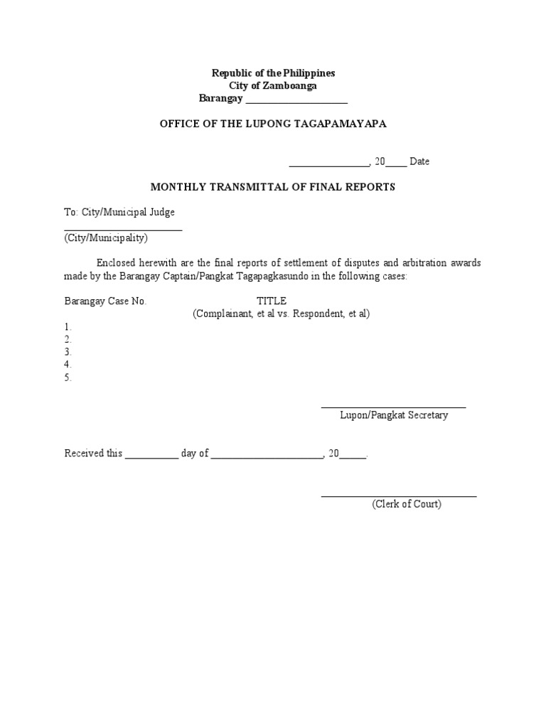 Transmittal Report From Barangay To Court | PDF