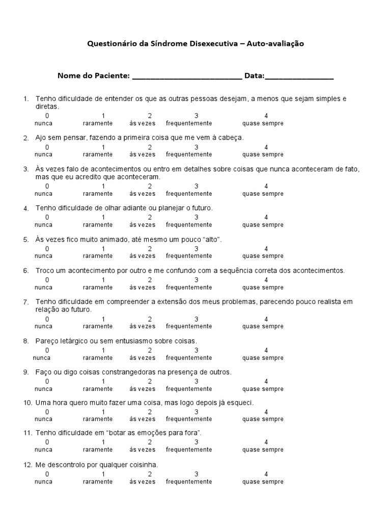 DEX - Questionário de Síndrome Desexecutiva - Paciente | PDF