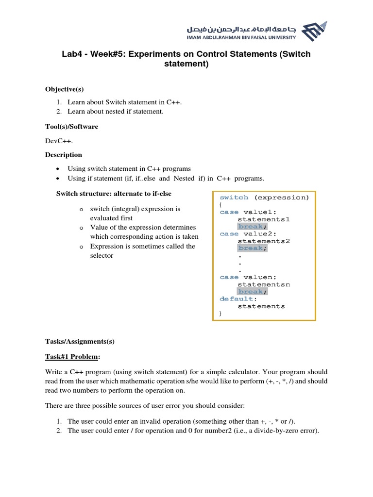Experiments On Control Statements (Switch Statement) | PDF | C++ | Systems Engineering