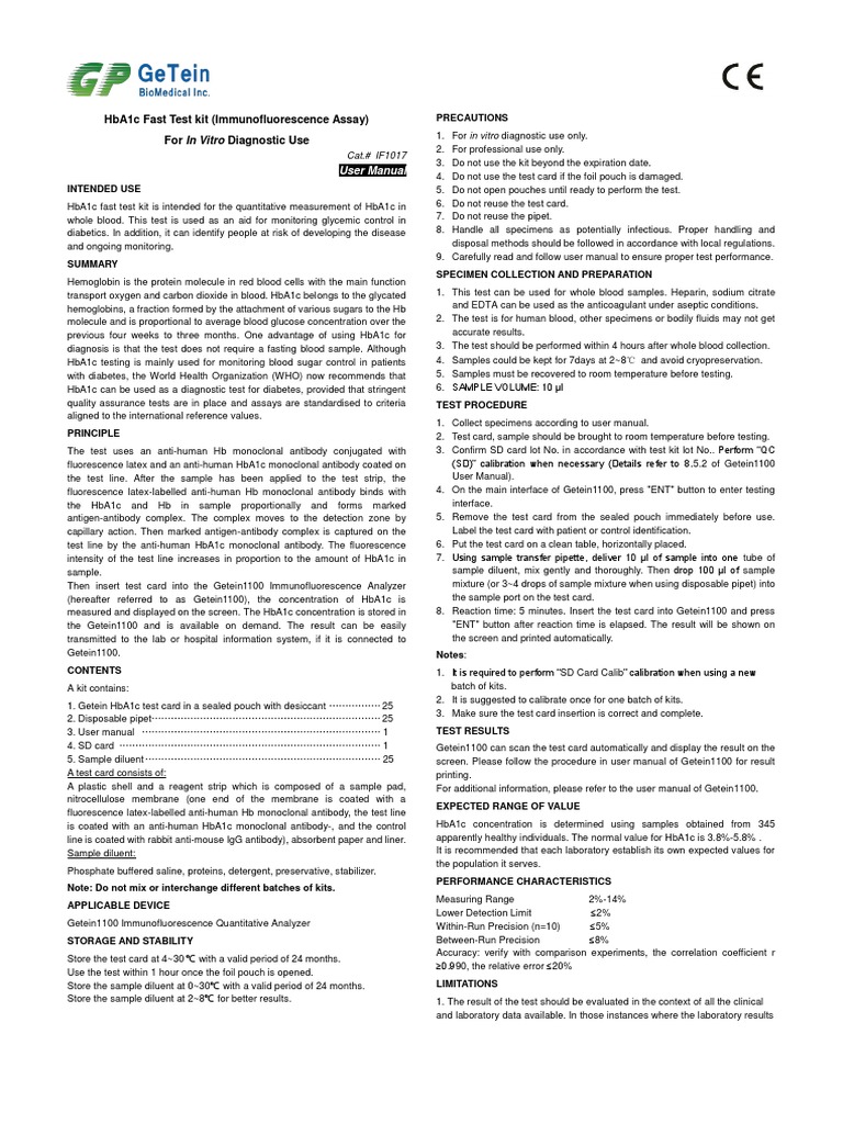 Analizador GP Getein 1100 Manual | PDF | Glycated Hemoglobin | Blood