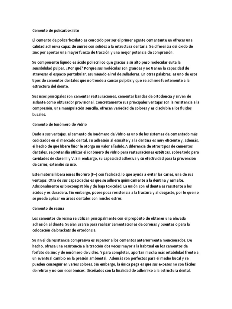 Cemento de Policarboxilato | PDF | Esmalte de dientes | Cemento