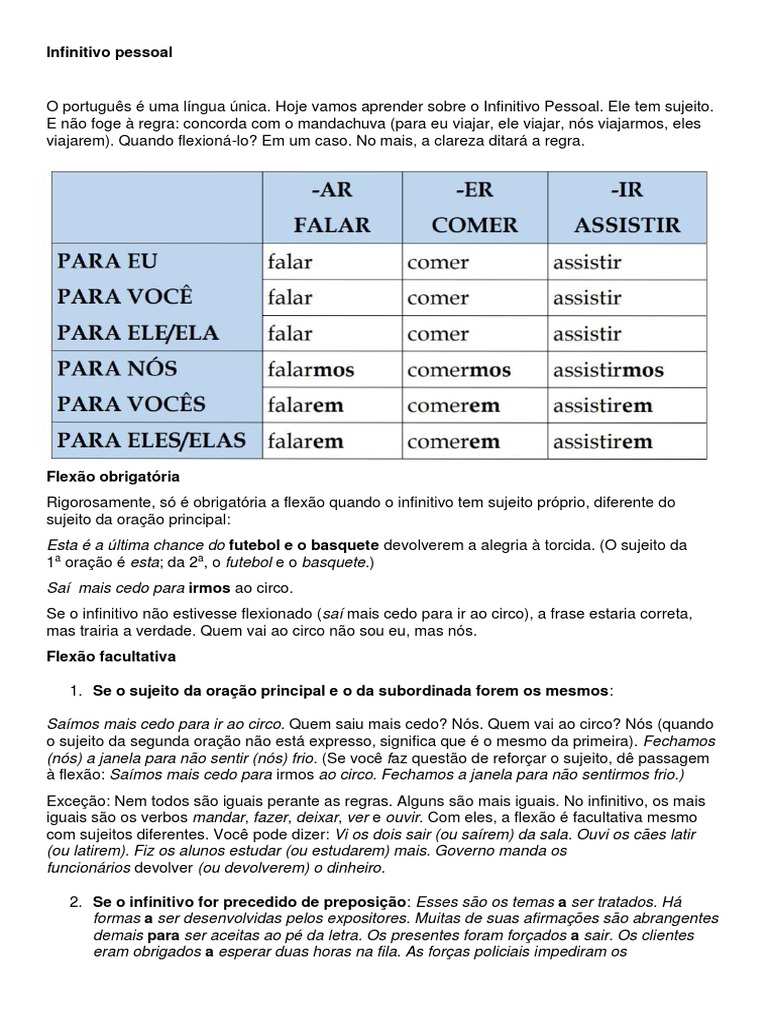 Infinitivo Pessoal | PDF | Assunto (gramática)
