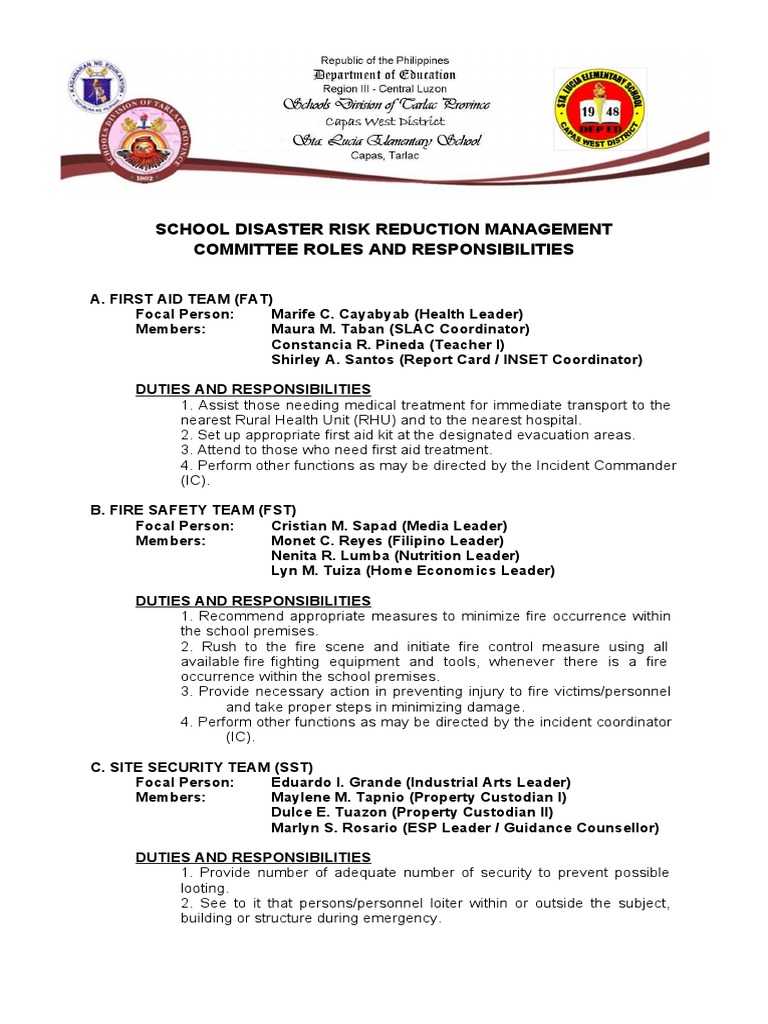 School Disaster Risk Management Roles | PDF | Safety | Emergency Management