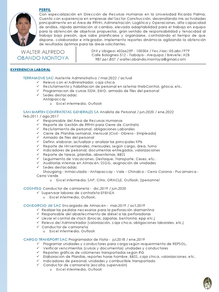 CV - Walter Alfredo Obando Montoya | PDF | Psicología de sistemas ...