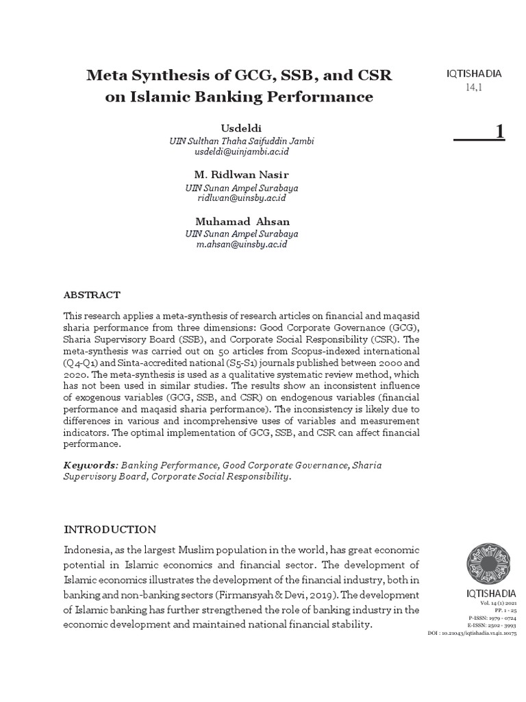 Meta Synthesis of GCG, SSB, and CSR On Islamic Banking Performance ...