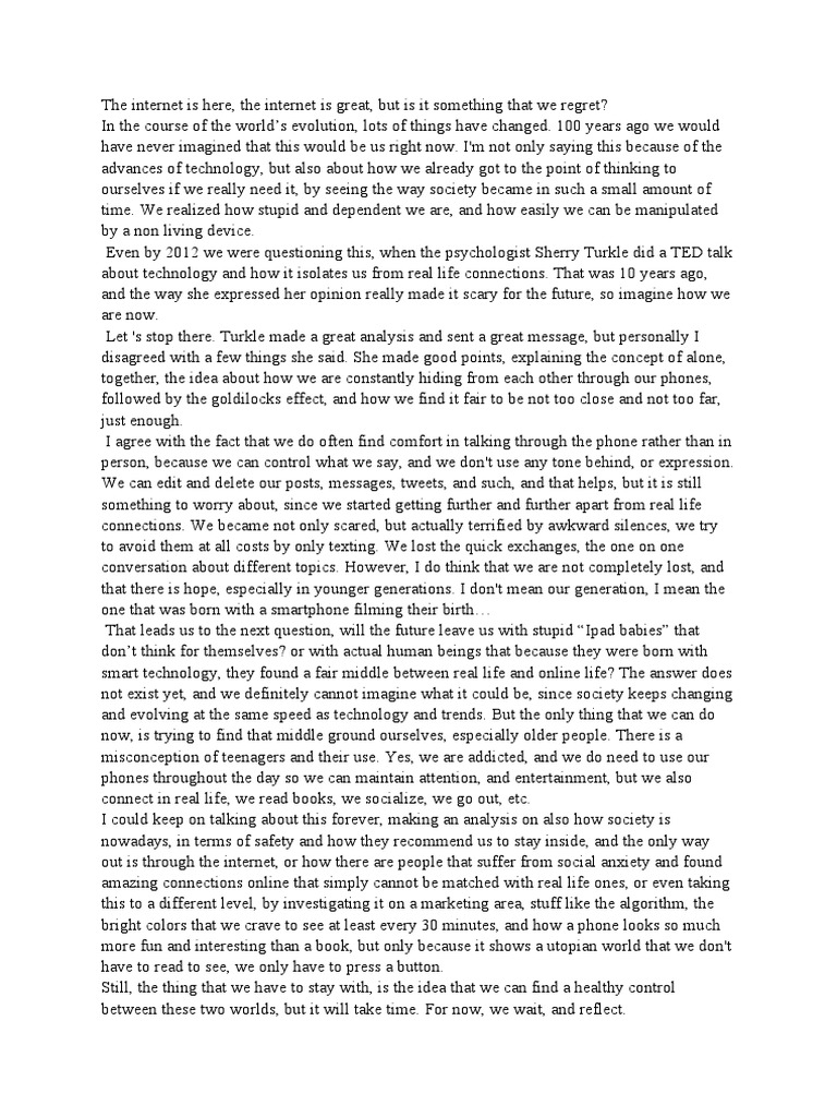 Connected But Alone Essay | PDF | Communication