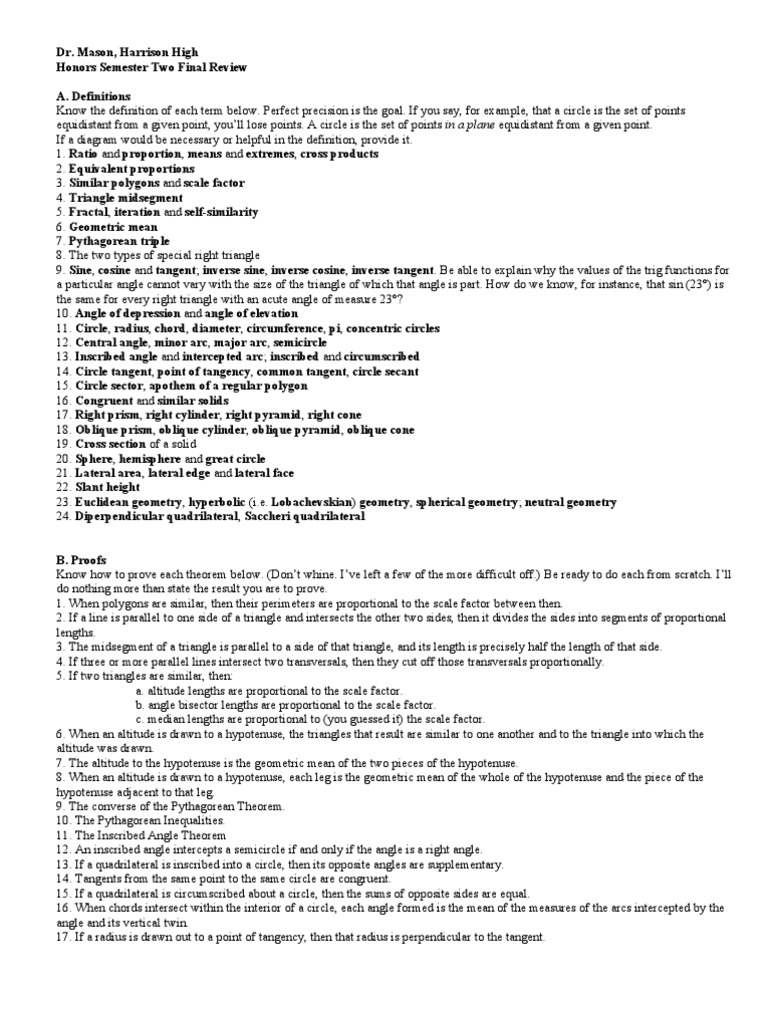 Honors Geometry Final Review Guide | PDF | Circle | Hyperbolic Geometry