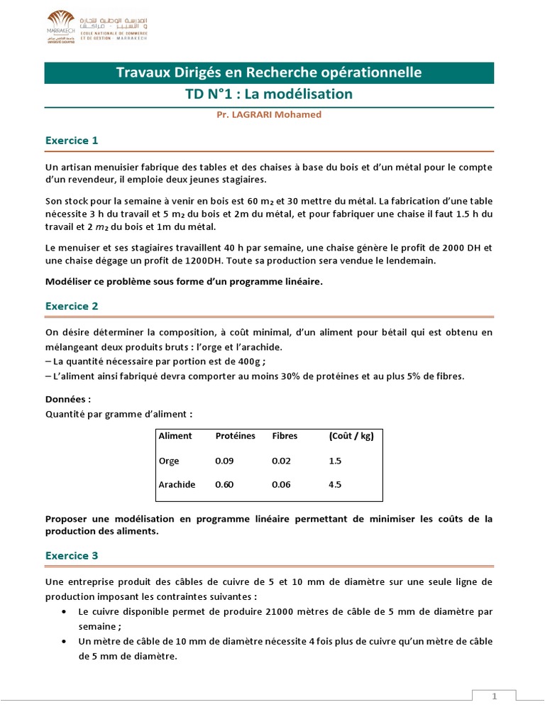 Travaux Dirigés en Recherche Opérationnelle: TD N°1: La Modélisation | PDF